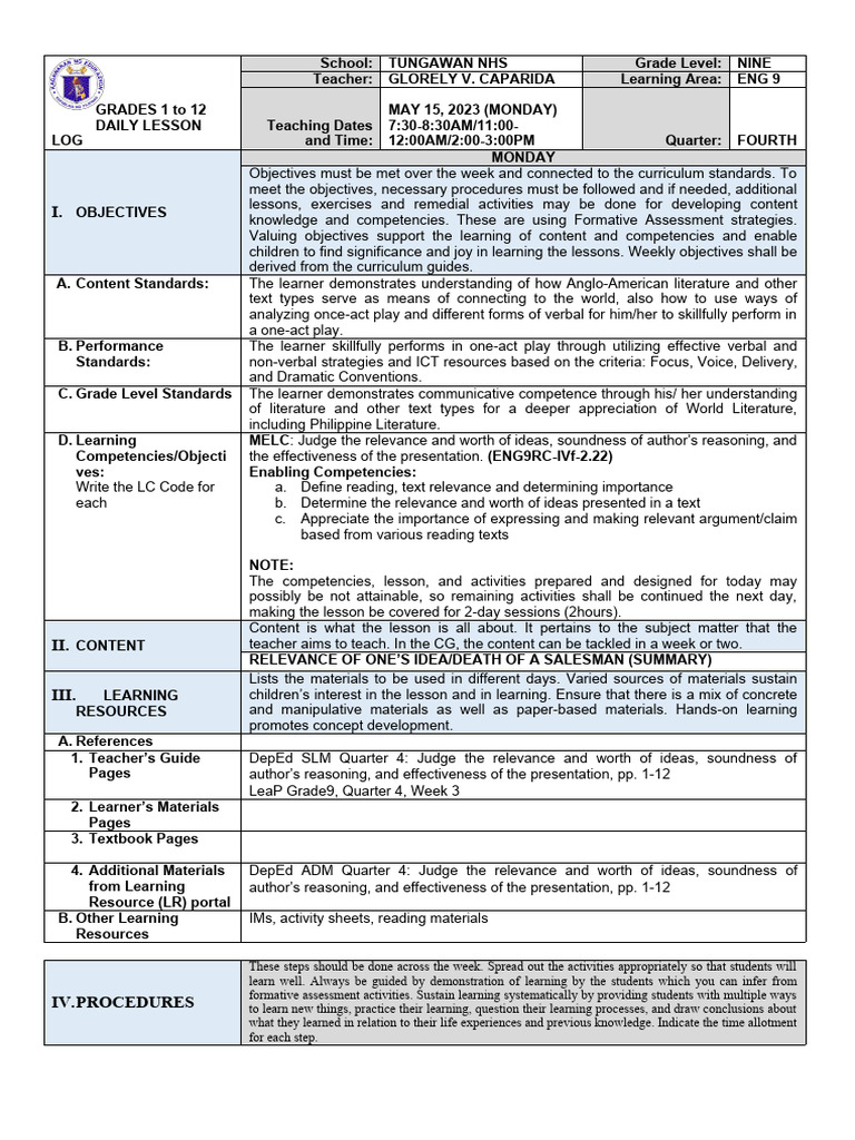 Grade 9 English Lesson Plan Overview | PDF | Learning | Curriculum