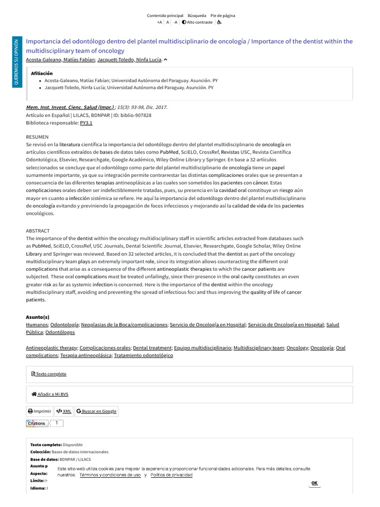 Importancia Del Odontólogo Dentro Del Plantel Multidisciplinario de Oncología - Mem. Inst ...