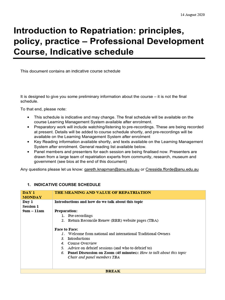 Repatriation Course Schedule Overview | PDF