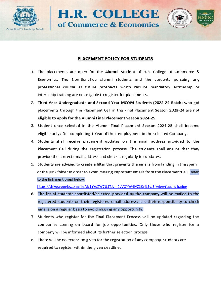 Alumni Final Placement Policy For Students 2024-25 | PDF | Résumé
