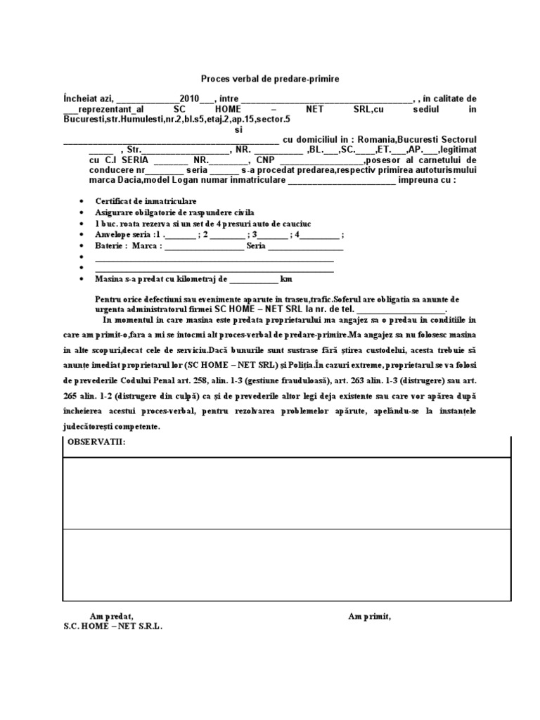 Proces Verbal Predare Primire – Model De Predare Primire – QYUGRM