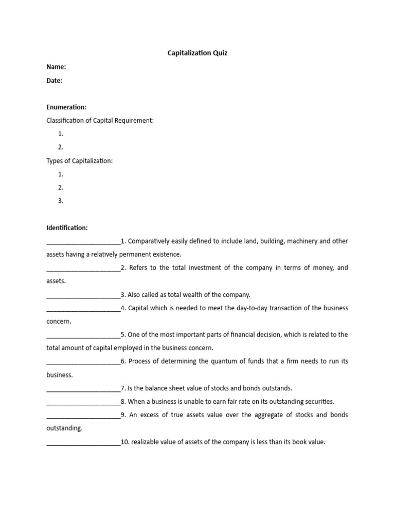 Capitalization and Capital Requirement Quiz | PDF