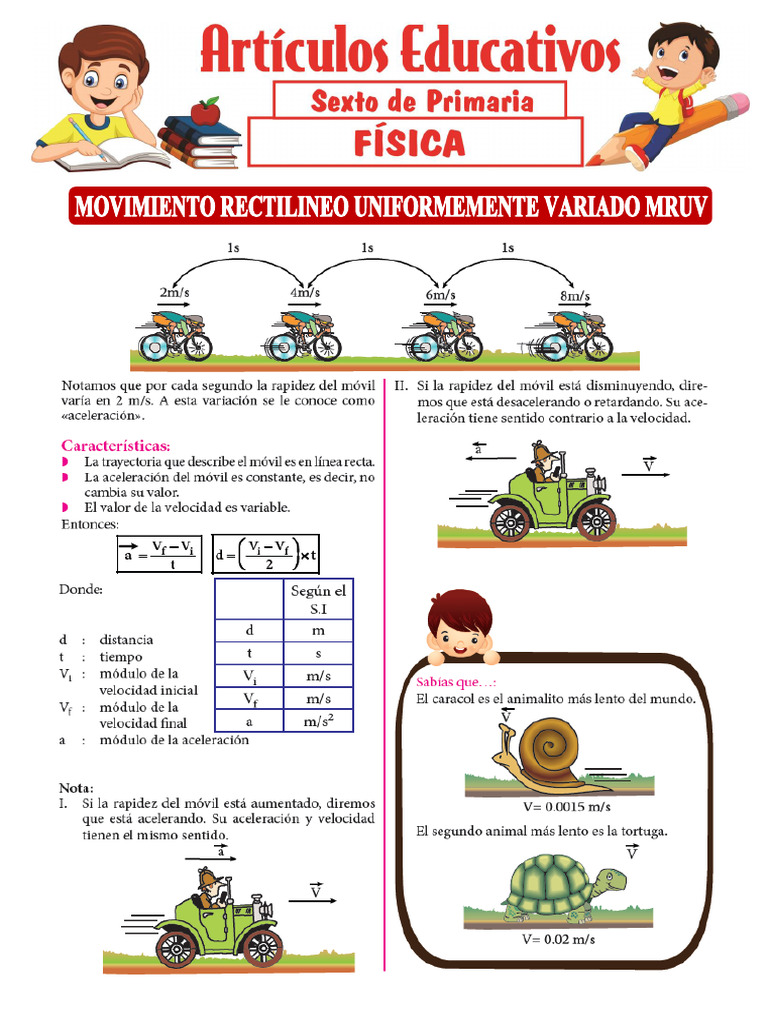 Movimiento Rectilineo Uniformemente Variado MRUV para Sexto de Primaria | PDF