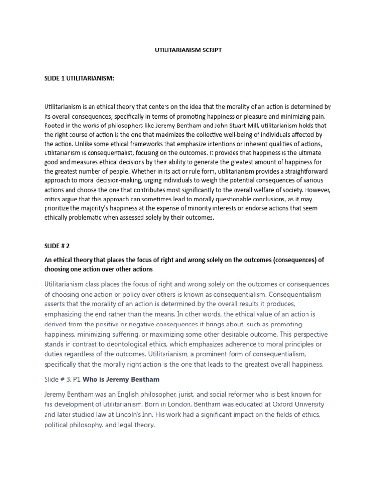 Utilitarianism Script | PDF | Utilitarianism | Pleasure