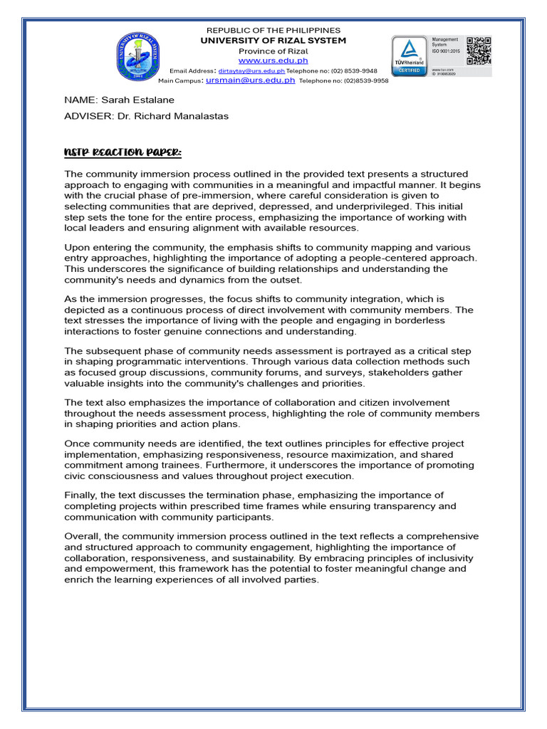 Estalane Sts and NSTP Reacrion Paper | PDF | Needs Assessment | Community