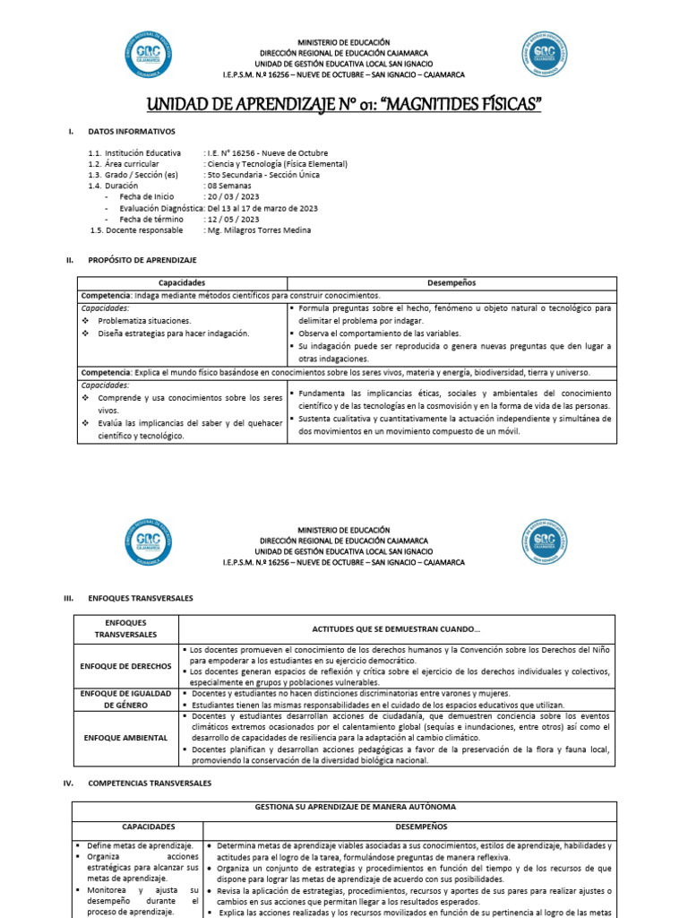 UNIDAD DE APRENDIZAJE #01 - C y T - 5TO SEC. | PDF | Aprendizaje | Maestros