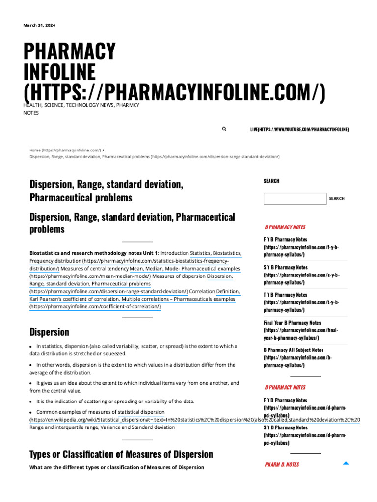 Dispersion, Range, Standard Deviation, Pharmaceutical Problems | PDF ...