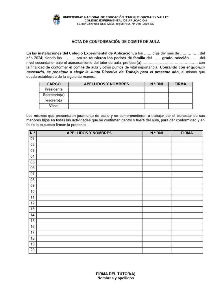 Modelo de Acta de Conformación de Comité de Aula | PDF
