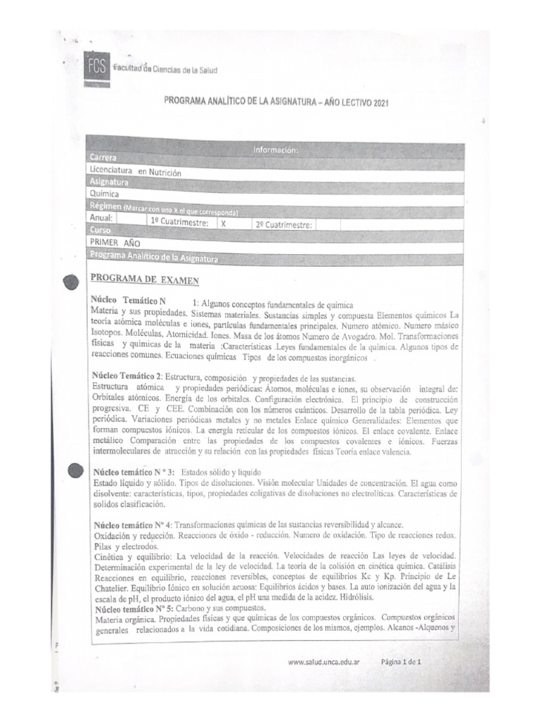 Programa de Estudio Química | PDF