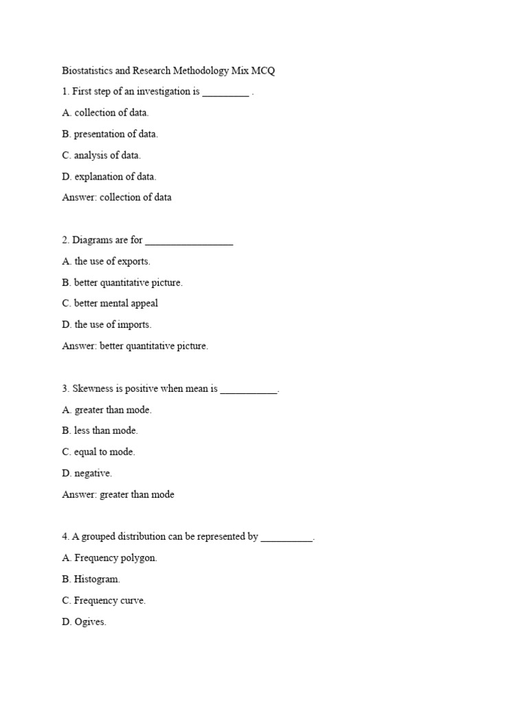 Biostatistics MCQs 2024 | PDF | Statistics | Mode (Statistics) Biostatistics MCQs 2024 | PDF | Statistics | Mode (Statistics)
