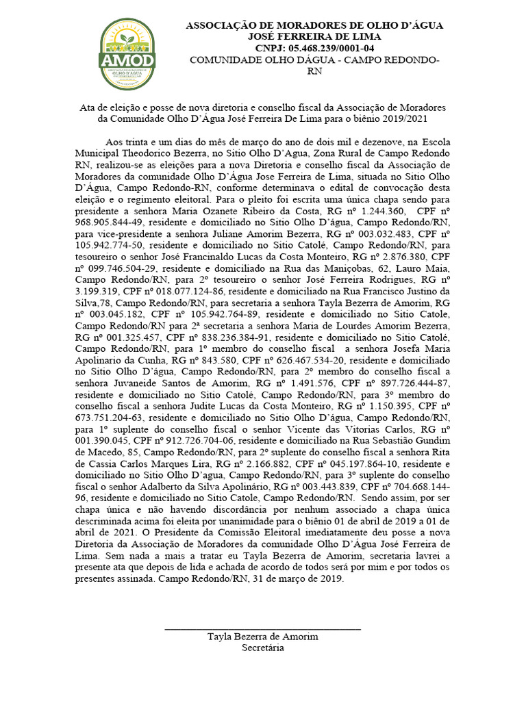Ata de Eleição e Posse de Nova Diretoria 2020-2021 | PDF