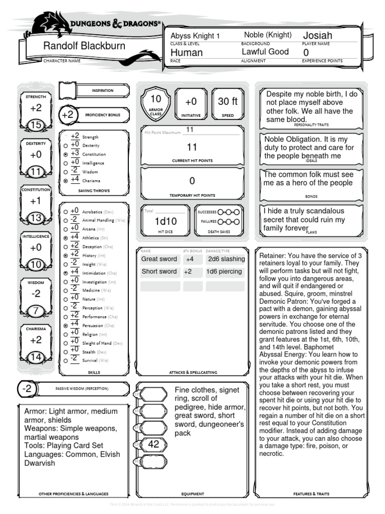 Randolf Blackburn - Human - Abyss Knight - Character Sheet Page 2 | PDF