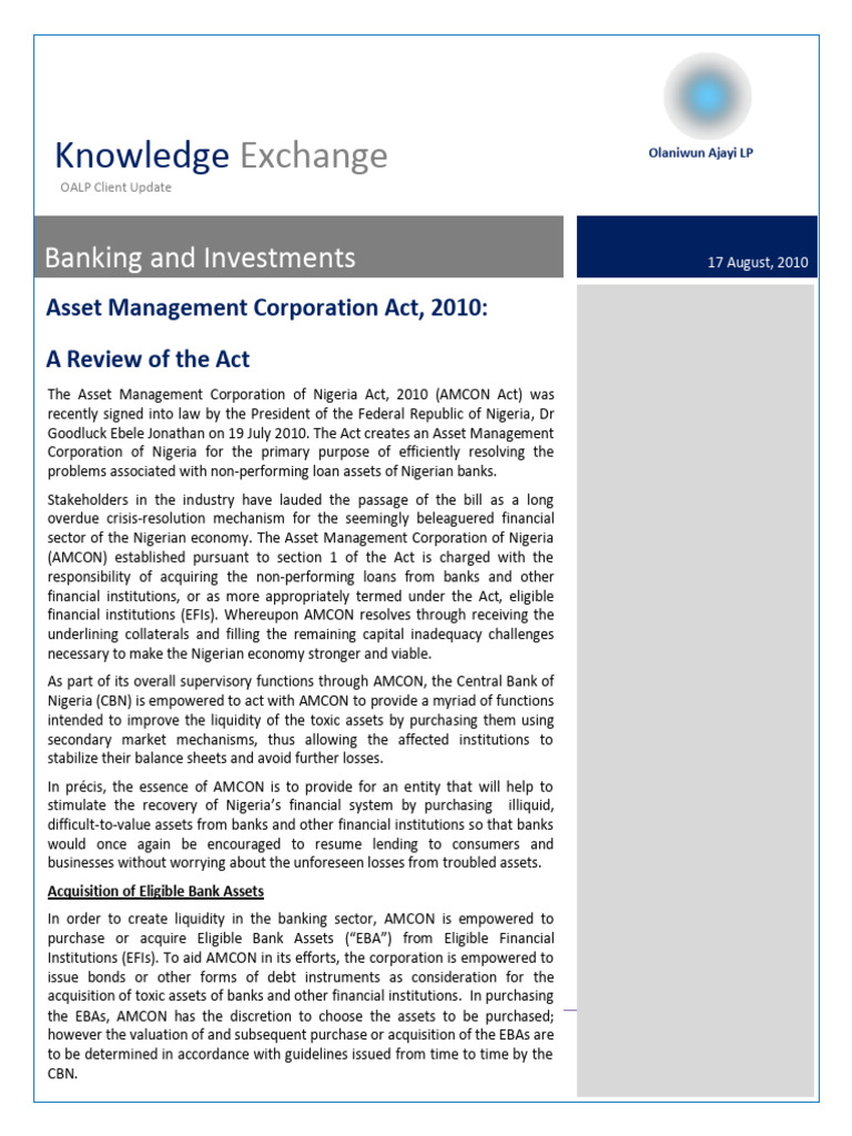 AMCON Asset Management Corporation Act 2010 | PDF | Liquidation ...
