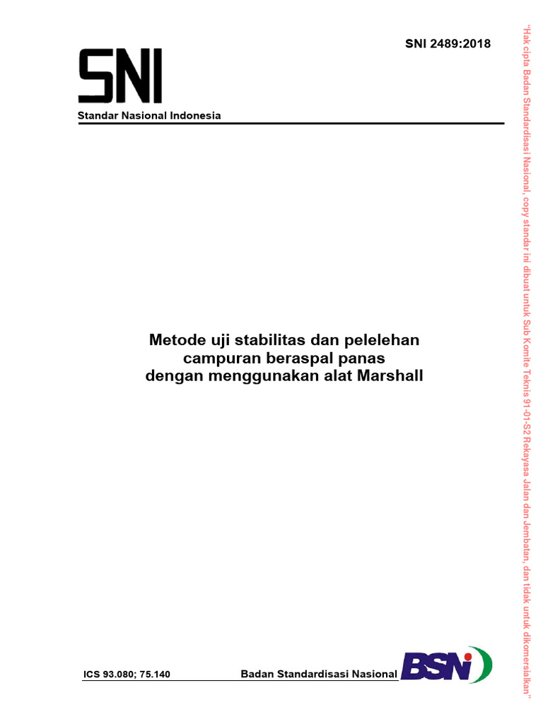SNI 2489-2018-Metode Uji Stabilitas Dan Pelelehan Marshall-2 | PDF
