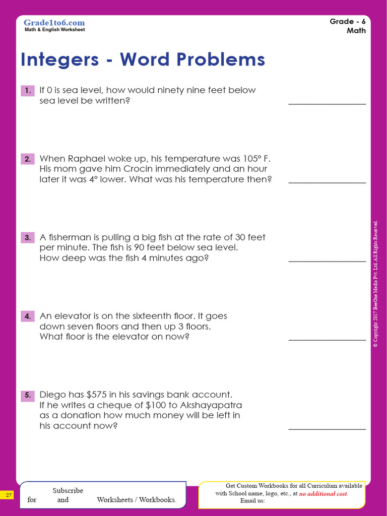 Integers Word Problems | PDF