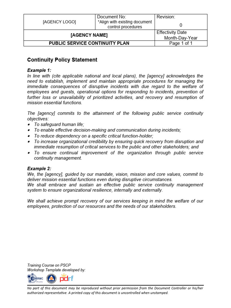 Form 1 - Continuity Policy Statement - Public Service Continuity | PDF