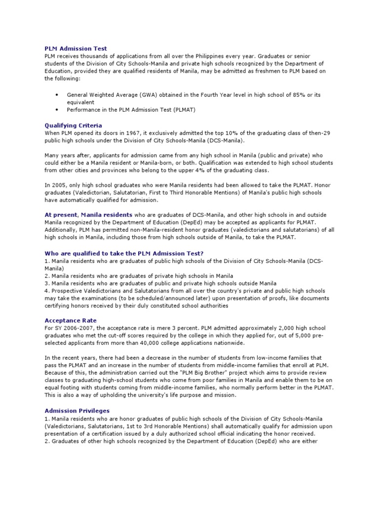 PLM Admission Test | PDF | University And College Admission | Test ...