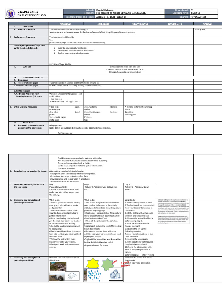 DLL - Science 5 - Q4 - W1 | Download Free PDF | Differentiated Instruction | Learning