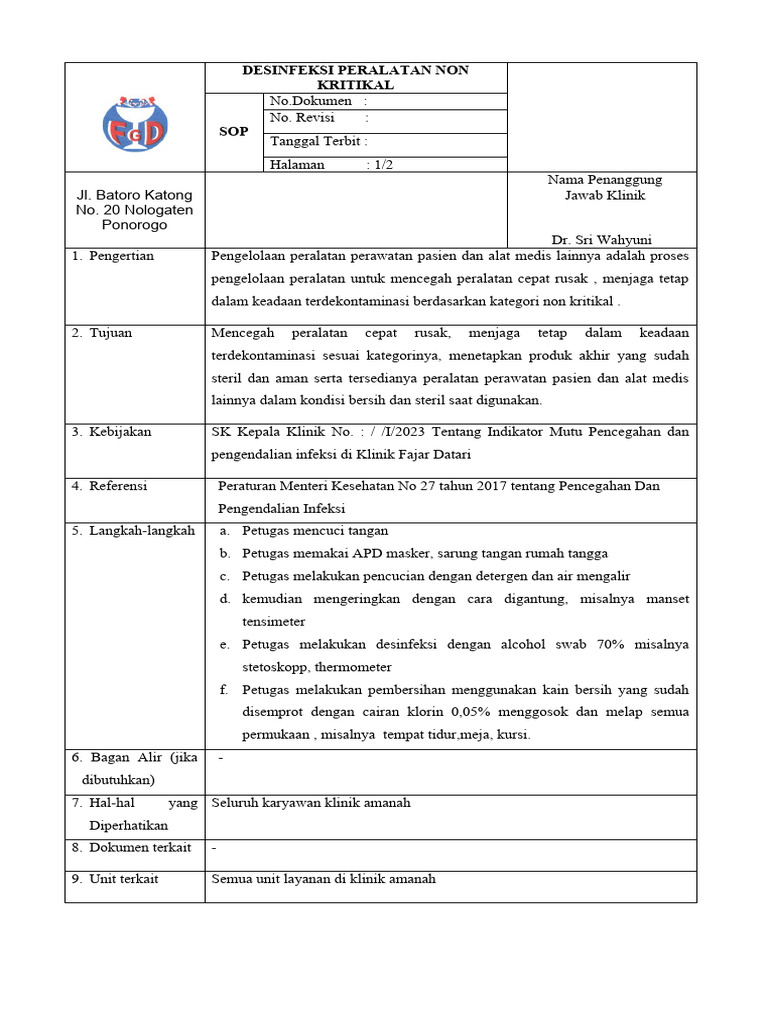 Sop Deninfeksi Peralatan Non Kritikal | PDF