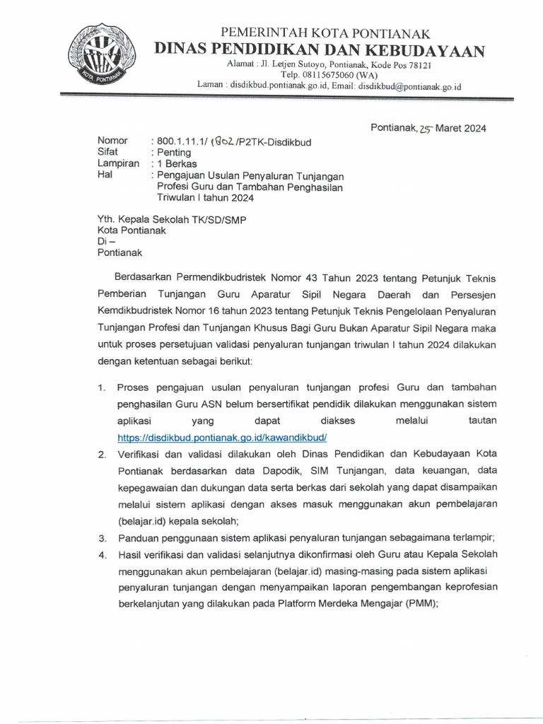 Surat Pemberitahuan Ver. TPG Dan Tamsil 2024 Tw. I | PDF