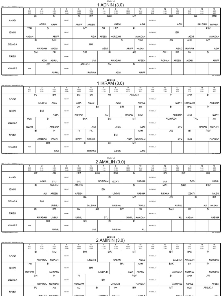 MT BAK PJ BA BM Ahad: Rehat Rht/Solat | PDF