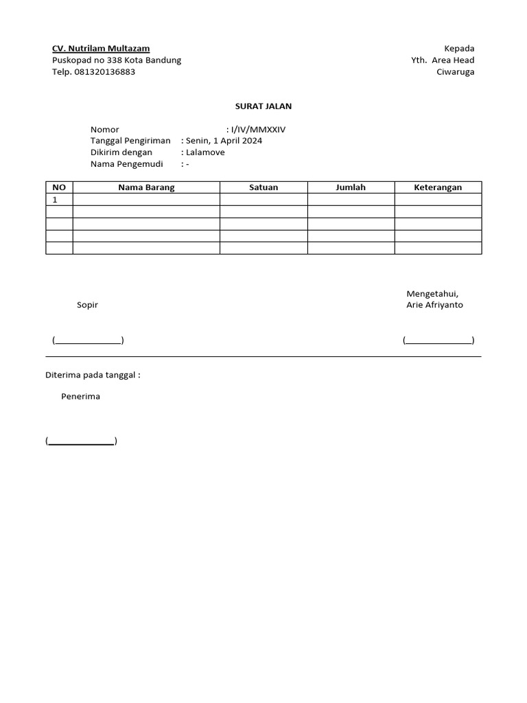 Surat Jalan Pengiriman CV. Nutrilam | PDF