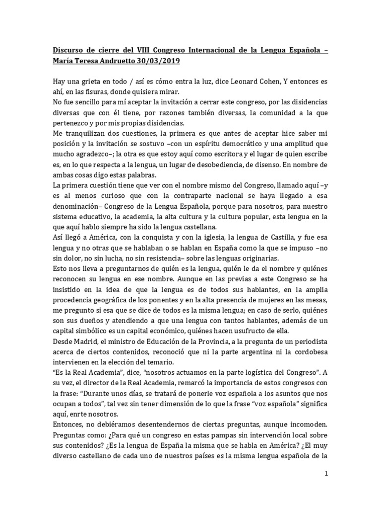 Discurso de Cierre Del VIII Congreso Internacional de La Lengua Espa-Ola | PDF | Lengua española ...