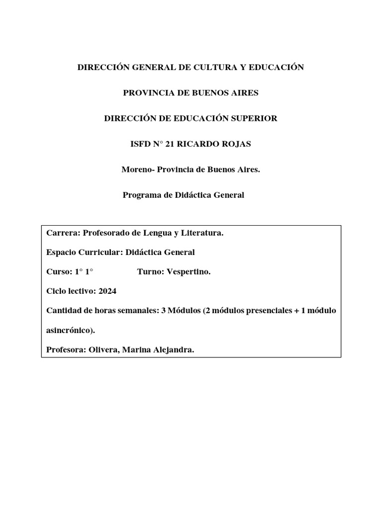 Propuesta Pedag-Gica - Olivera Marina. Prof. Lengua y Literatura 2024 | PDF | Plan de estudios ...