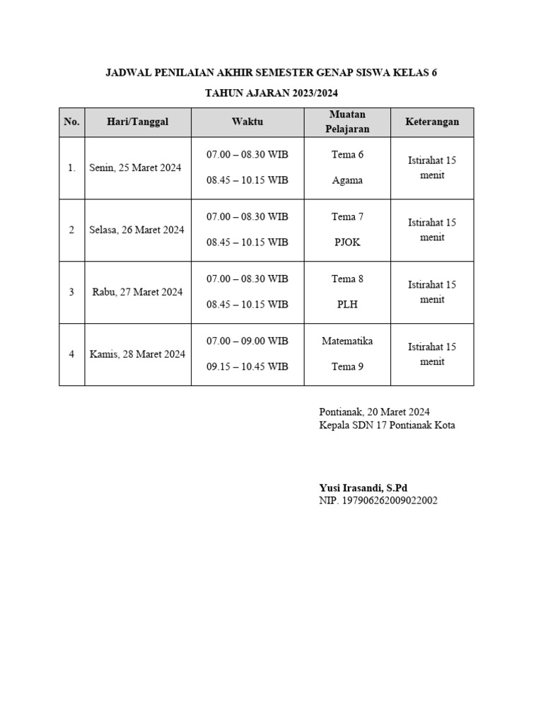 Jadwal Pas Genap Kelas 6 2024 | PDF