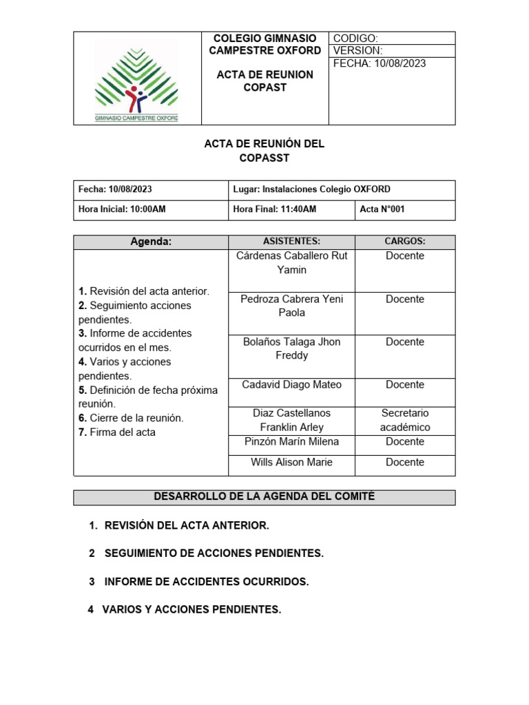 Formato Acta de Reunion Del Copasst | PDF