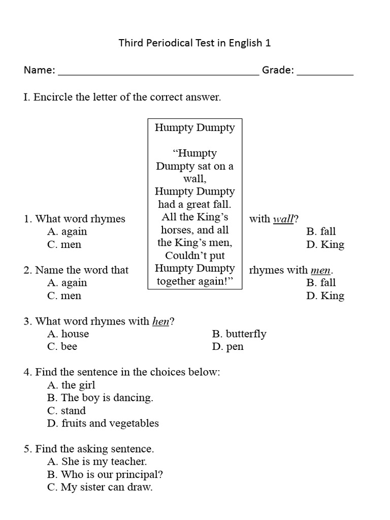 Grade 1 Third Periodical Test | PDF