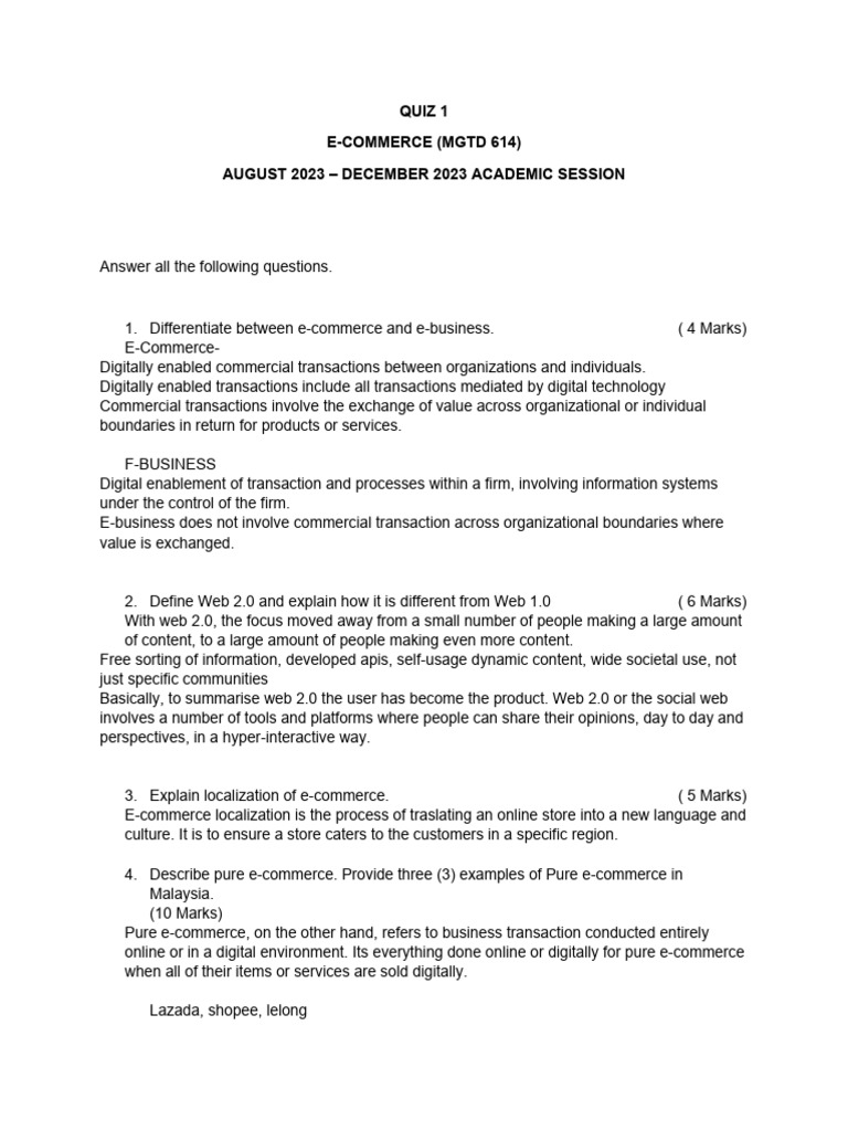 Quiz 1 Ecomm Aug Dec 2023 | PDF | E Commerce | Web 2.0