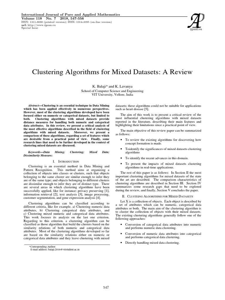 Clustering Algorithms For Mixed Datasets A Review K Balaji And K Lavanya Pdf Cluster