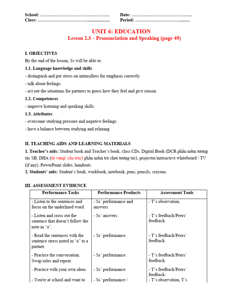 UNIT 6 - LESSON 2 - PART 3 - Pronunciation and Speaking | PDF | Stress ...