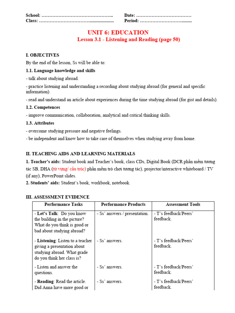 UNIT 6 - LESSON 3 - PART 1 - Listening and Reading | PDF ...