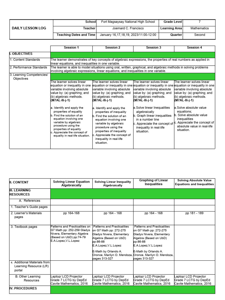 Grade 7 DLL 2nd Quarter WEEK 9 | PDF | Equations | Algebra