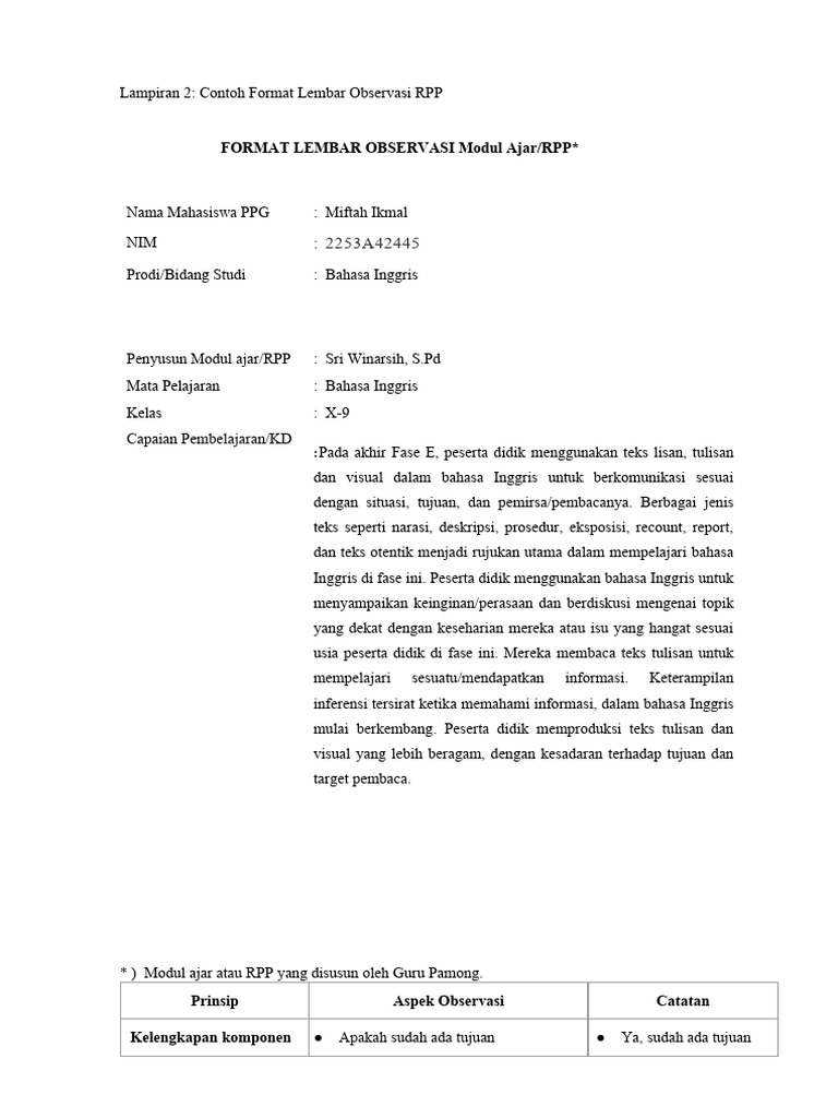 Lampiran 2 - Contoh Format Lembar Observasi RPP | PDF