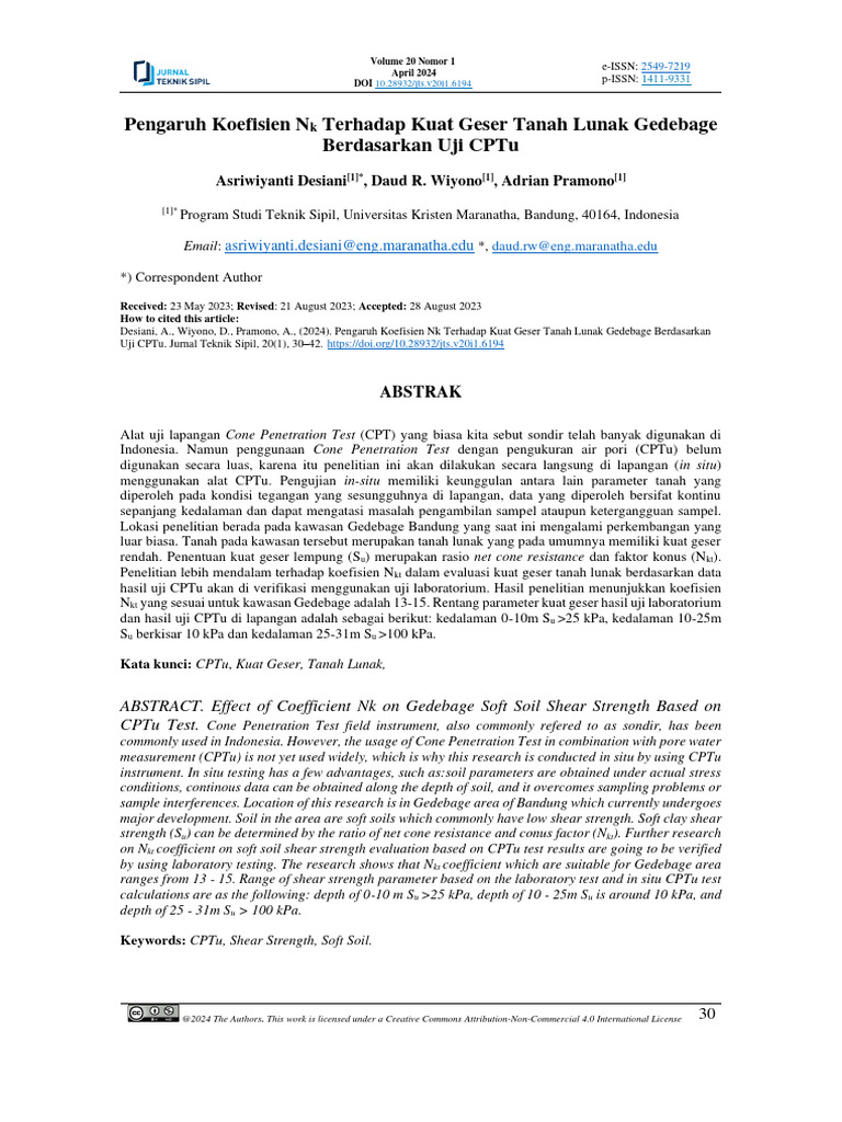 Pengaruh Koefisien NK Terhadap Kuat Geser Tanah Lunak Gedebage Berdasarkan Uji CPTu | PDF