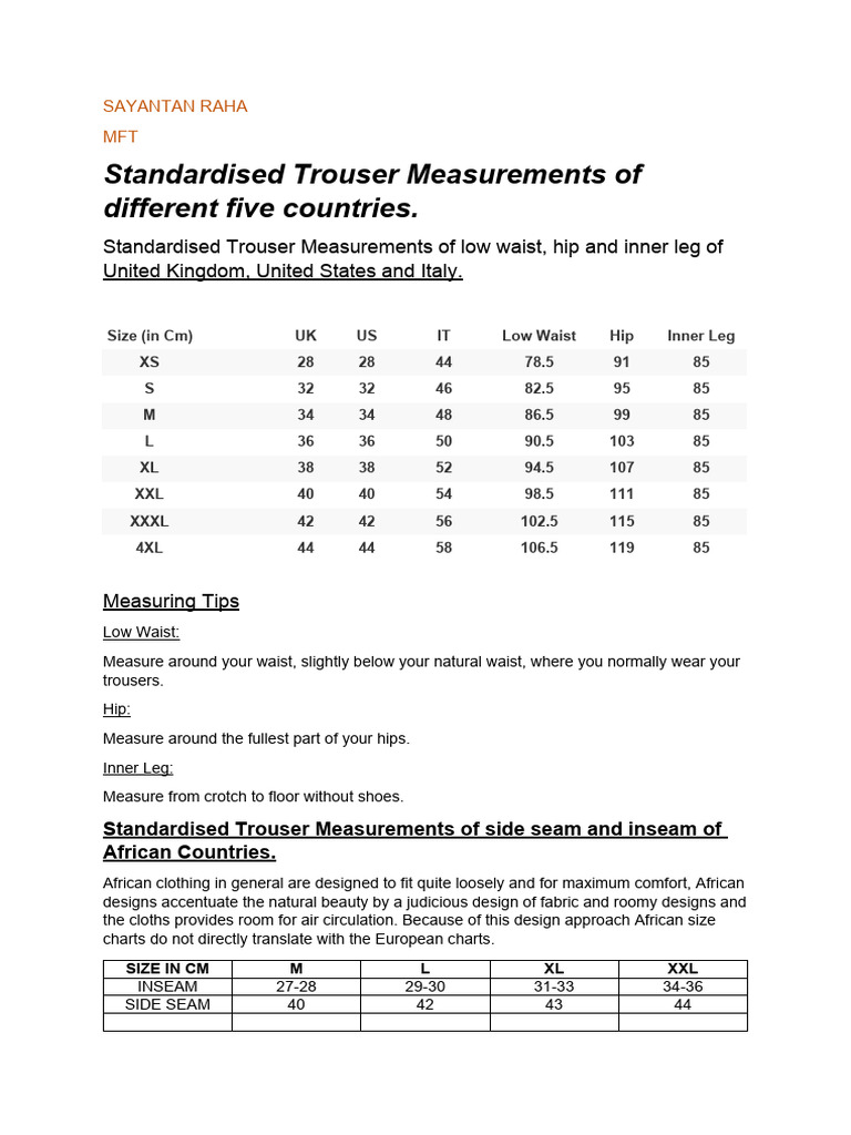 Standardised Measurements of Trouser | PDF | Seam (Sewing) | Trousers