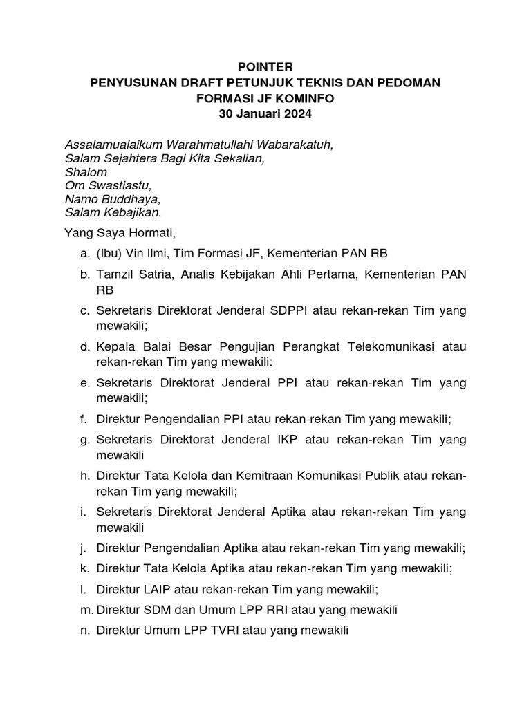 POINTER 30 Januari 2024 - Penyusunan Draft Petunjuk Teknis Dan Pedoman Formasi JF Kominfo | PDF