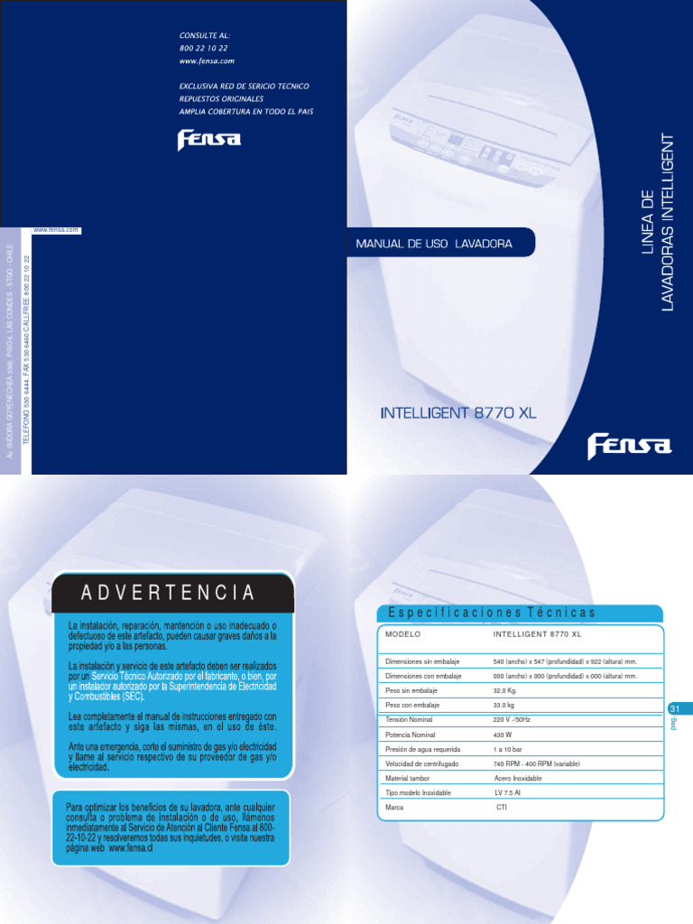 Fensa Intelligent 8770 XL Washing Machine | PDF | Lavadora | Agua