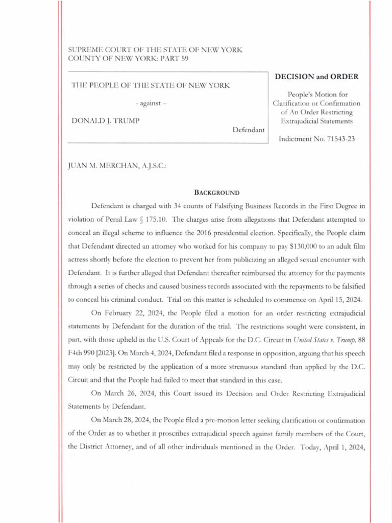 Order Regarding Extrajudicial Statements, People v. Trump, No. 71543-23 ...