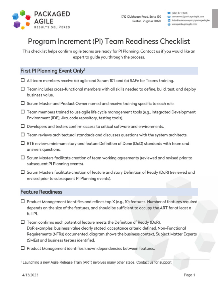 PI Planning Team Readiness Checklist V2 PDF Scrum Software
