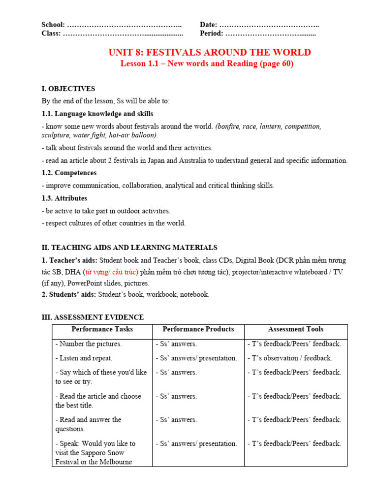 Unit 8 Lesson 1: Festivals Overview | PDF | Human Communication | Learning