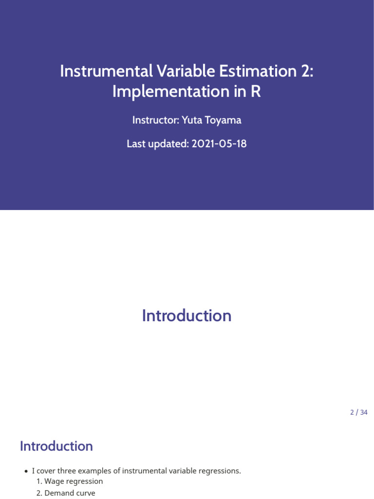 Instrumental Variable Estimation 2: Implementation in R: Instructor: Yuta Toyama Last Updated ...