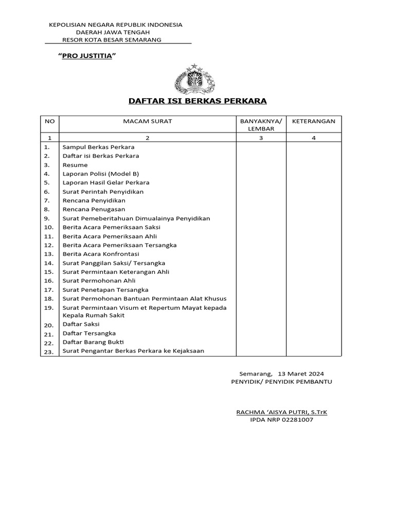 Daftar Isi Berkas Perkara Pidana | PDF