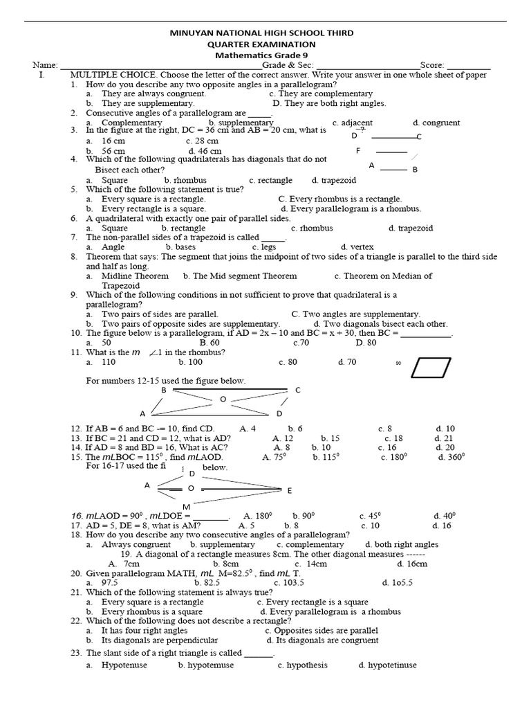 Third Quarter Exam Grade 9 | PDF | Rectangle | Elementary Geometry
