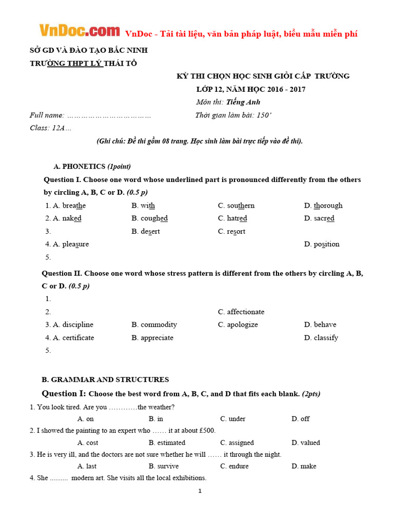 De Thi Chon HSG Cap Truong Mon Tieng Anh Lop 12 Truong THPT Ly Thai To Bac Ninh Nam Hoc 2016 ...