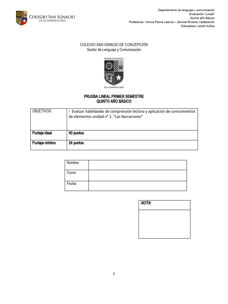 Prueba de Lenguaje Quinto Basico 2024 Genero Narrativo | PDF | Narración