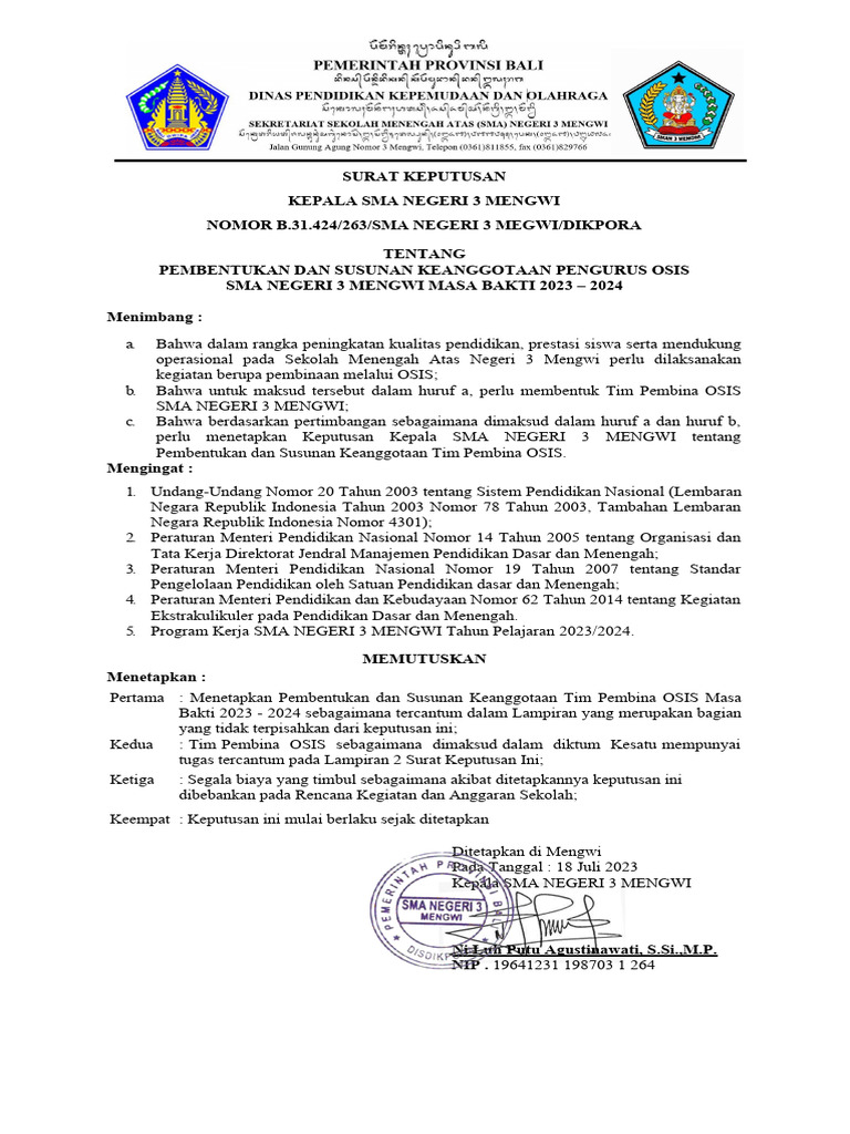 SK Pengurus Osis 2023-2024 | PDF